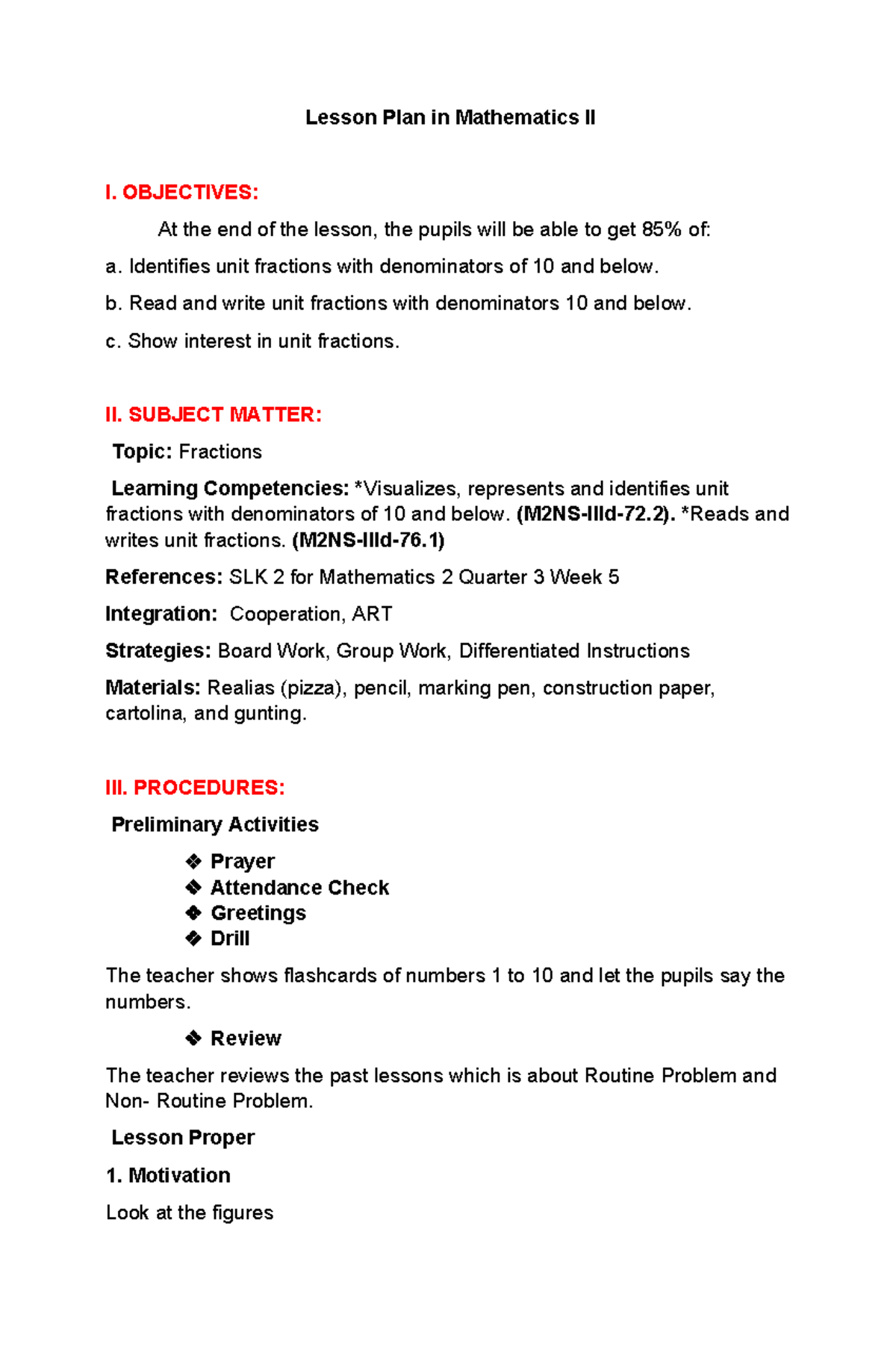 Mathematics II Lesson Plan: Unit Fractions (Demo Teaching) - Studocu