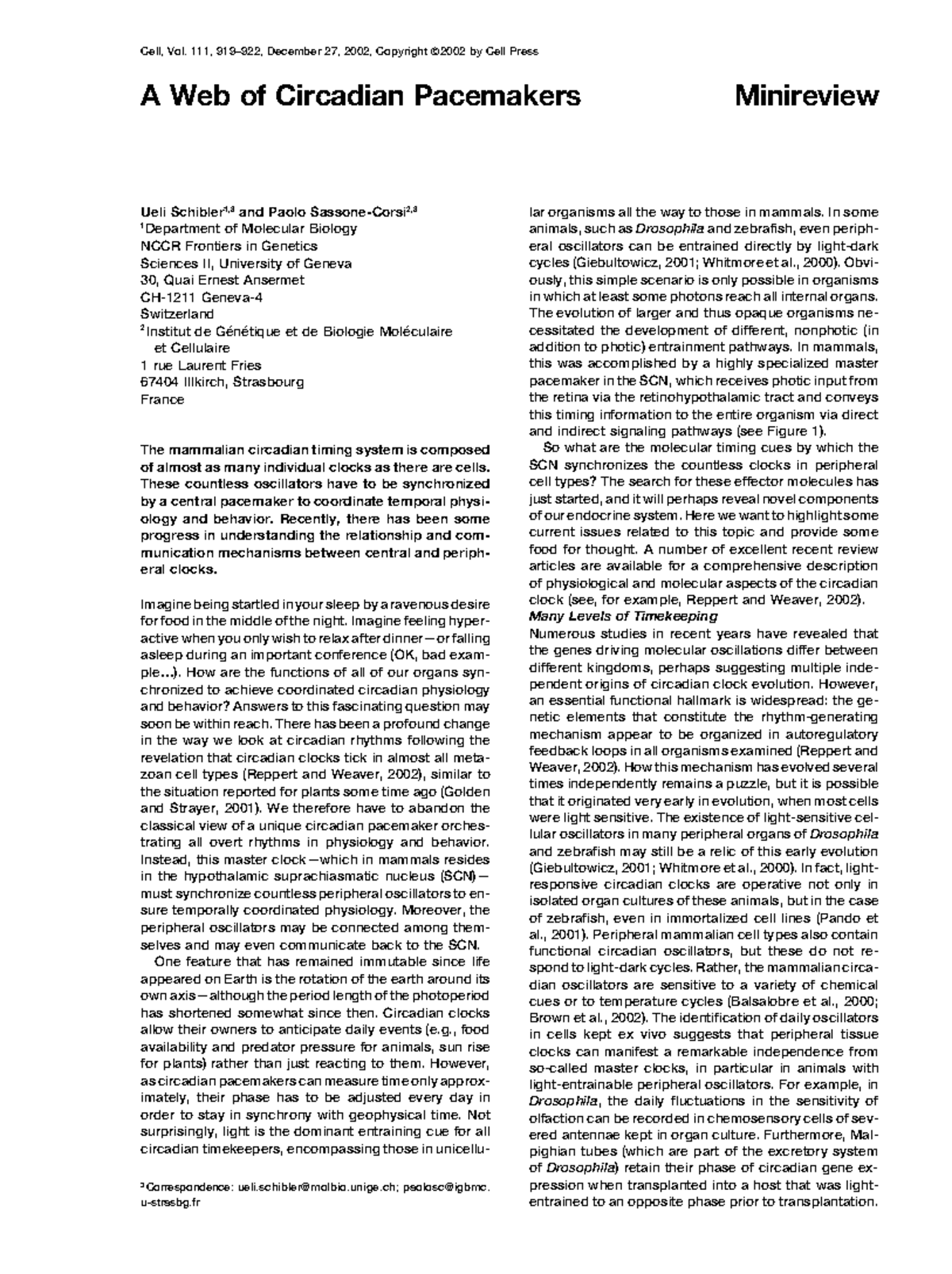 A Web of Circadian Pacemakers: Insights into Mammalian Clocks - Studocu