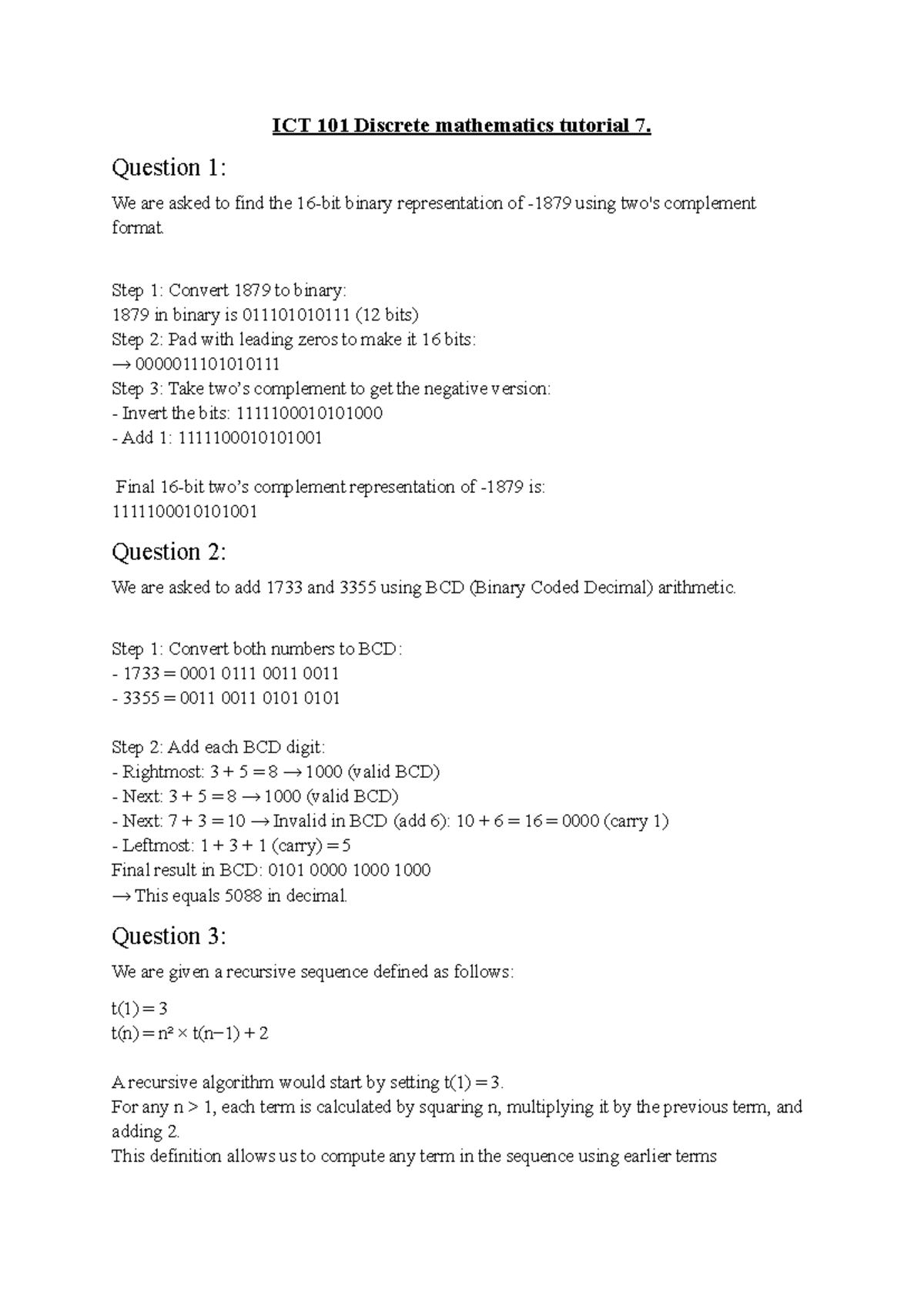 ICT 101 Discrete Math Tutorial 7: Binary & BCD Operations - Studocu