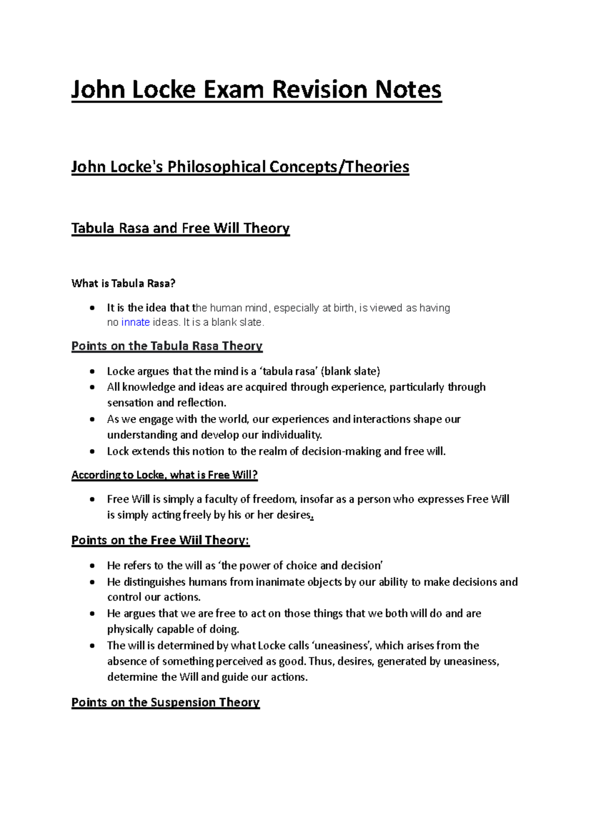John Locke Philosophy Revision Notes (Exam) - A Ntlikithi - Studocu