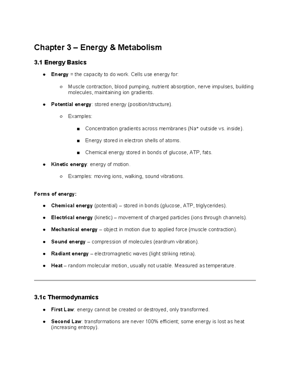Energetics & Metabolism: Key Concepts - Chapter 3 (BIO 101) - Studocu