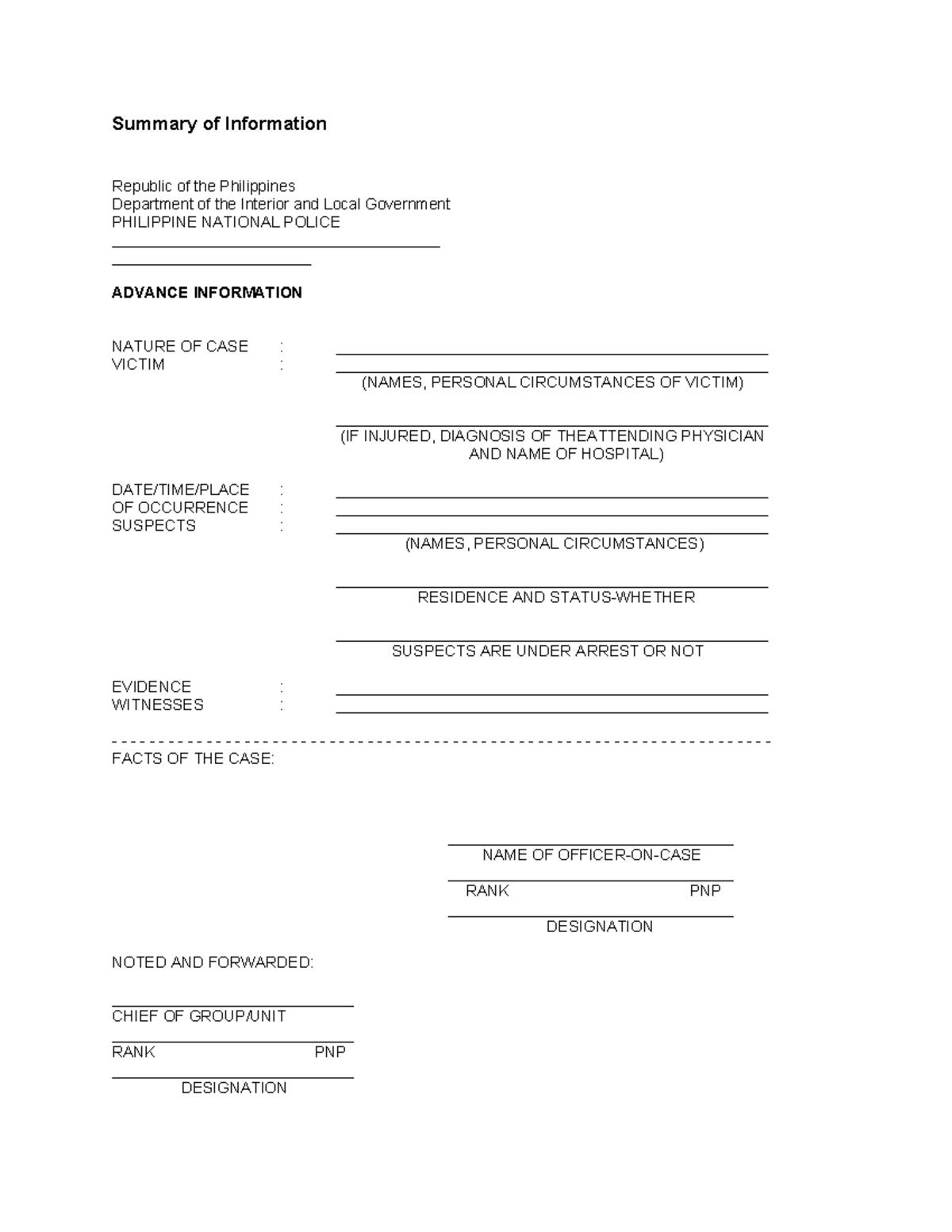 Sample Format of Advance Information - Summary of Information Republic ...