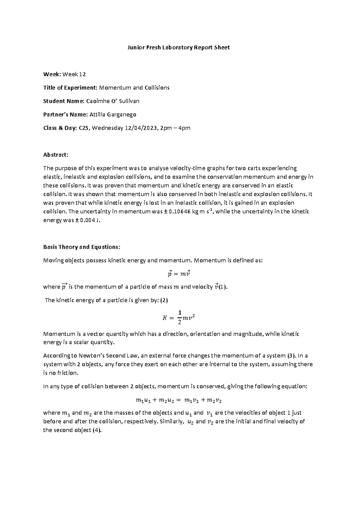 Physics Lab Report C25: Momentum and Collisions Analysis - Studocu