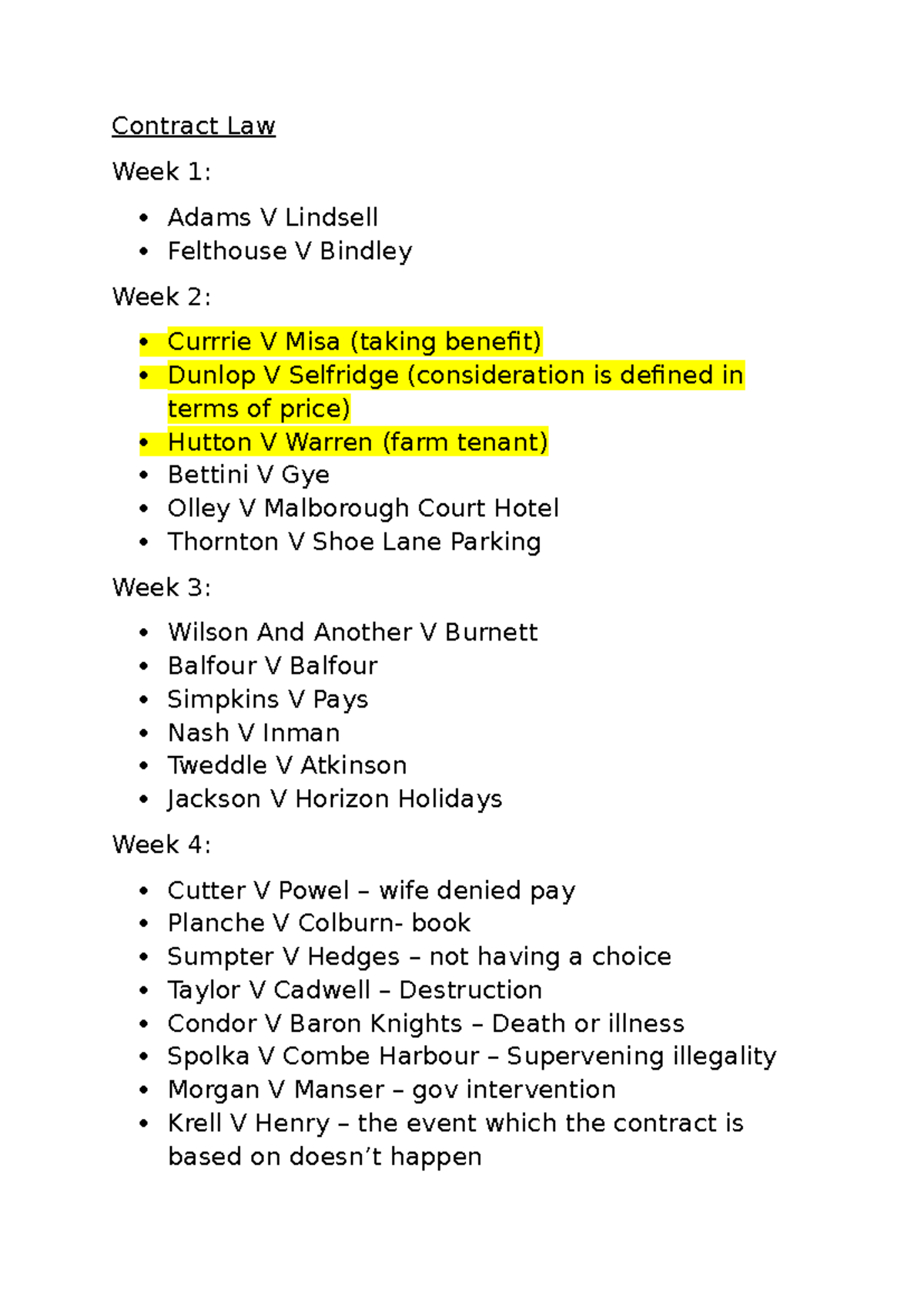 Case studies cheat sheet - Contract Law Week 1: Adams V Lindsell ...