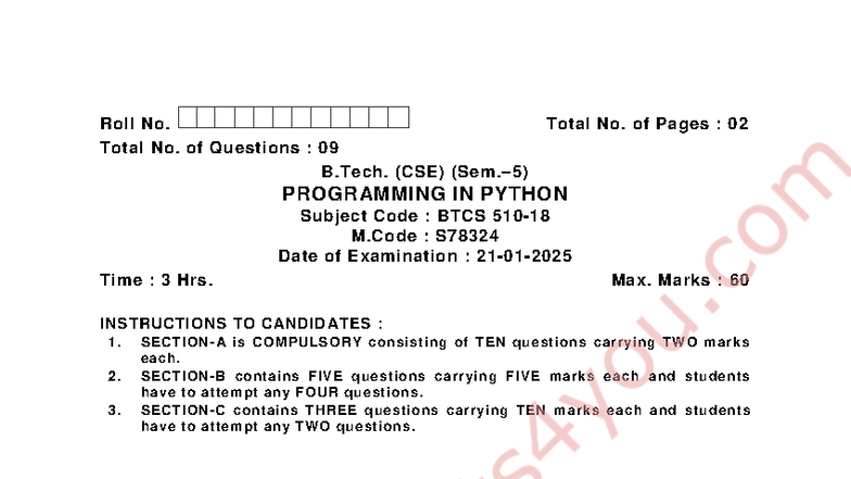 B.Tech (CSE) Sem 5 BTCS 510: Programming in Python Exam Paper - Studocu