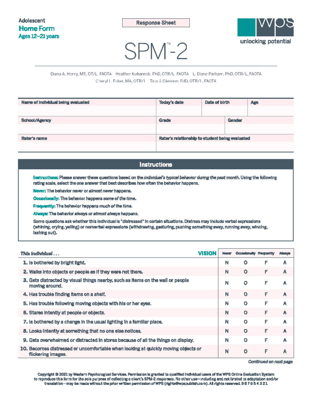 SPM2 - Adolescent Home Response Sheet for Behavioral Evaluation - Studocu
