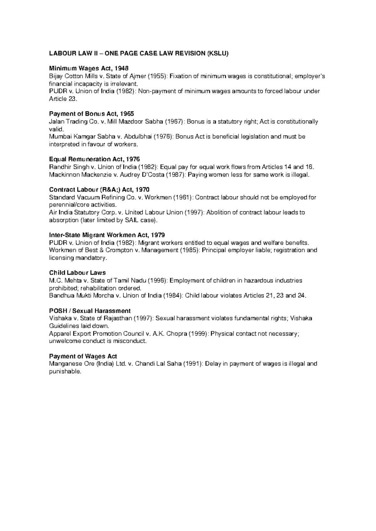 Labour Law II Case Laws Revision (KSLU) - Key Judgments Summary - Studocu