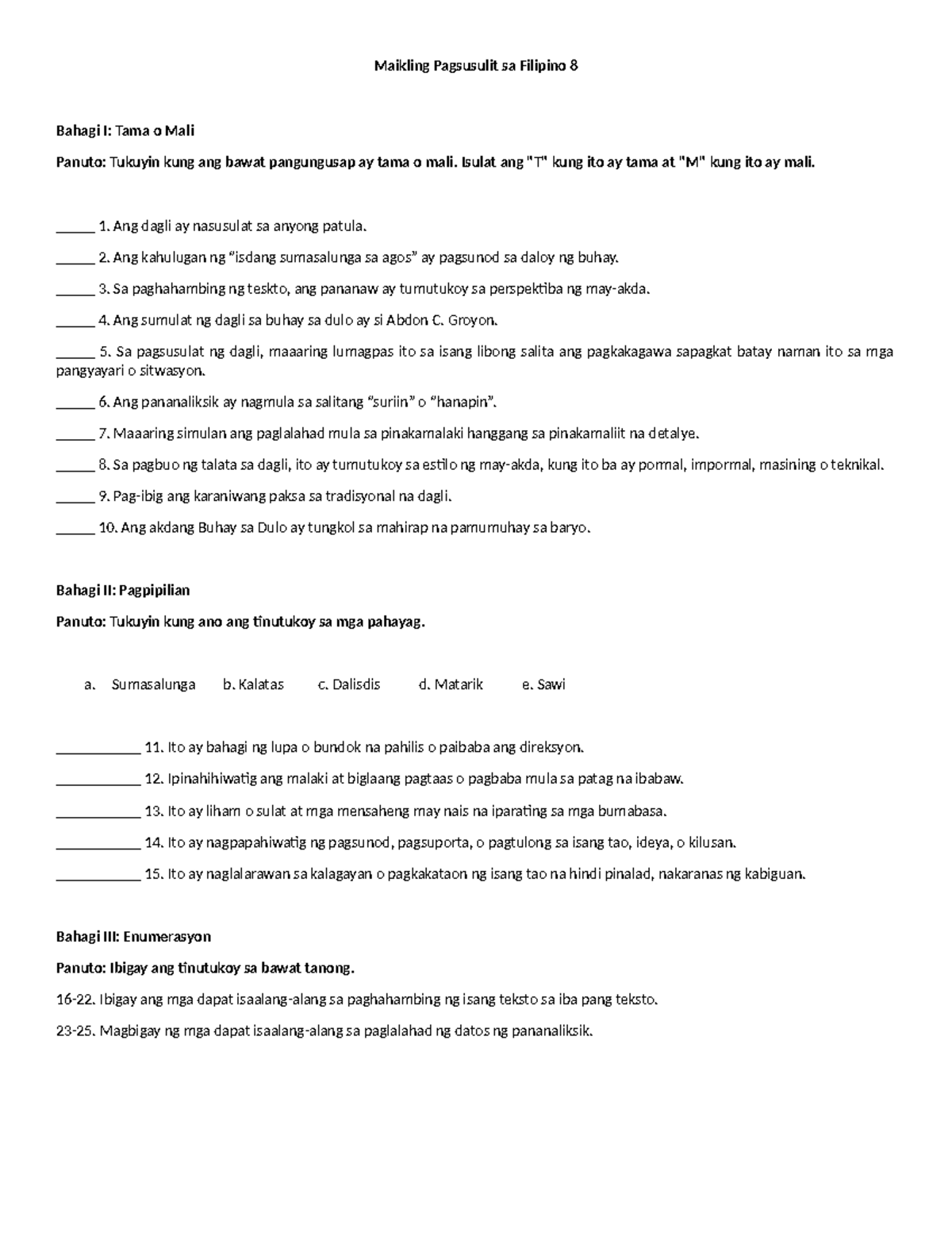 Maikling Pagsusulit (Grade 8 &10) - Maikling Pagsusulit sa Filipino 8 ...