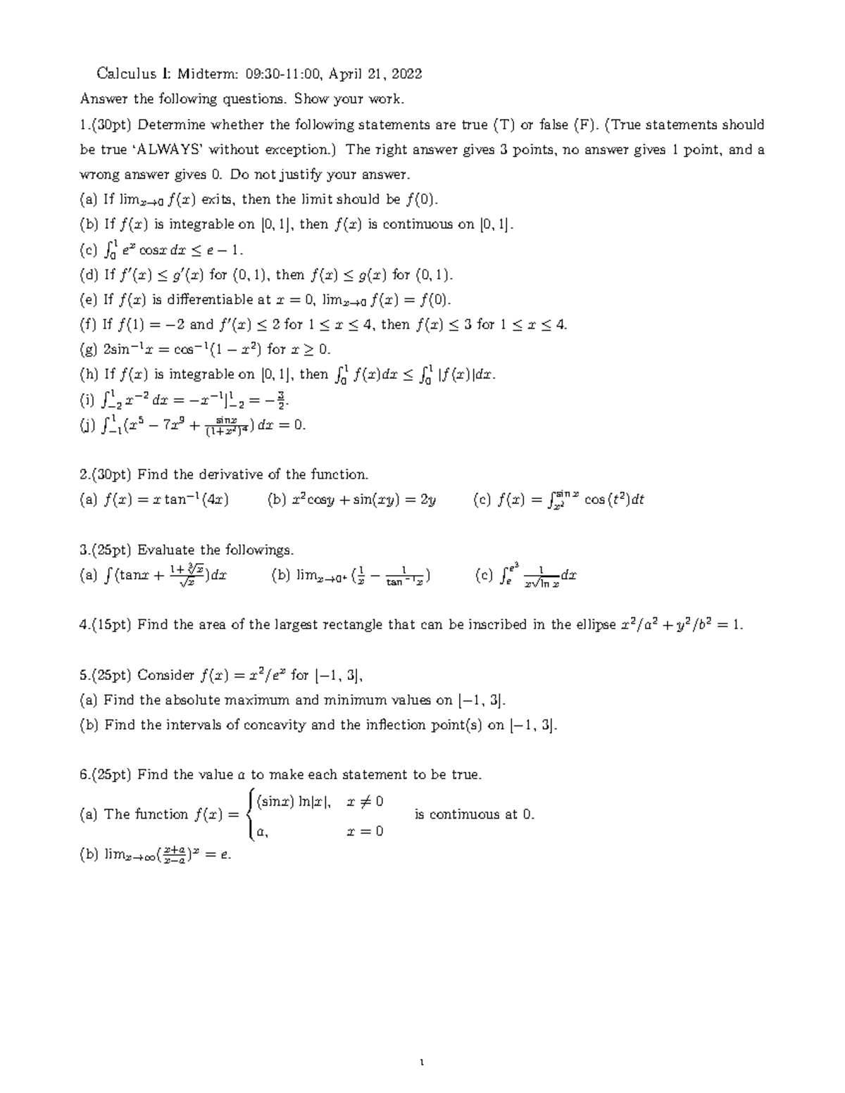 Calculus I: 기말 시험문제지 (Midterm Exam) - Test2 - Studocu