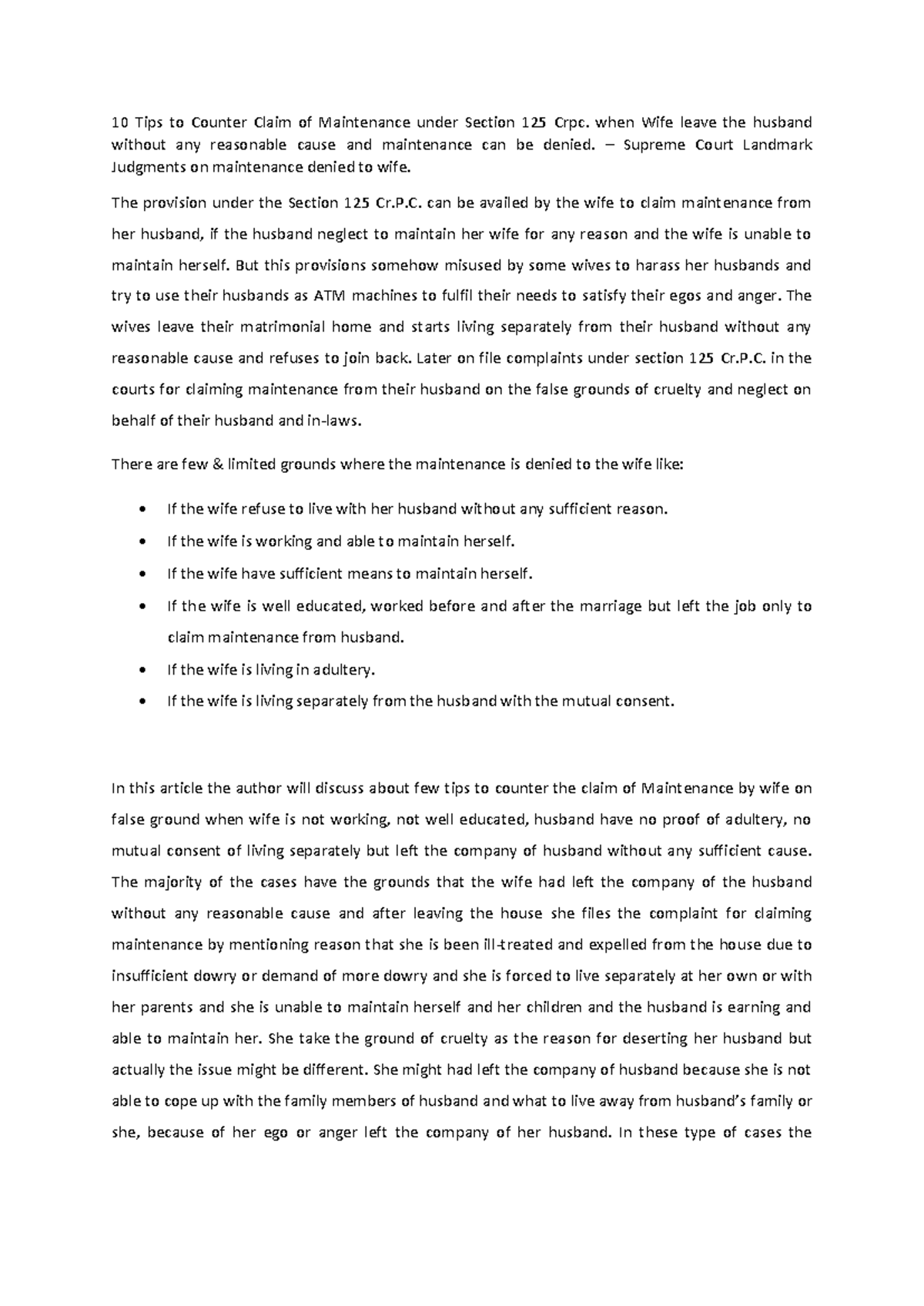 Counter Claim of Maintenance under Section 125 Crpc - when Wife leave the husband without any ...