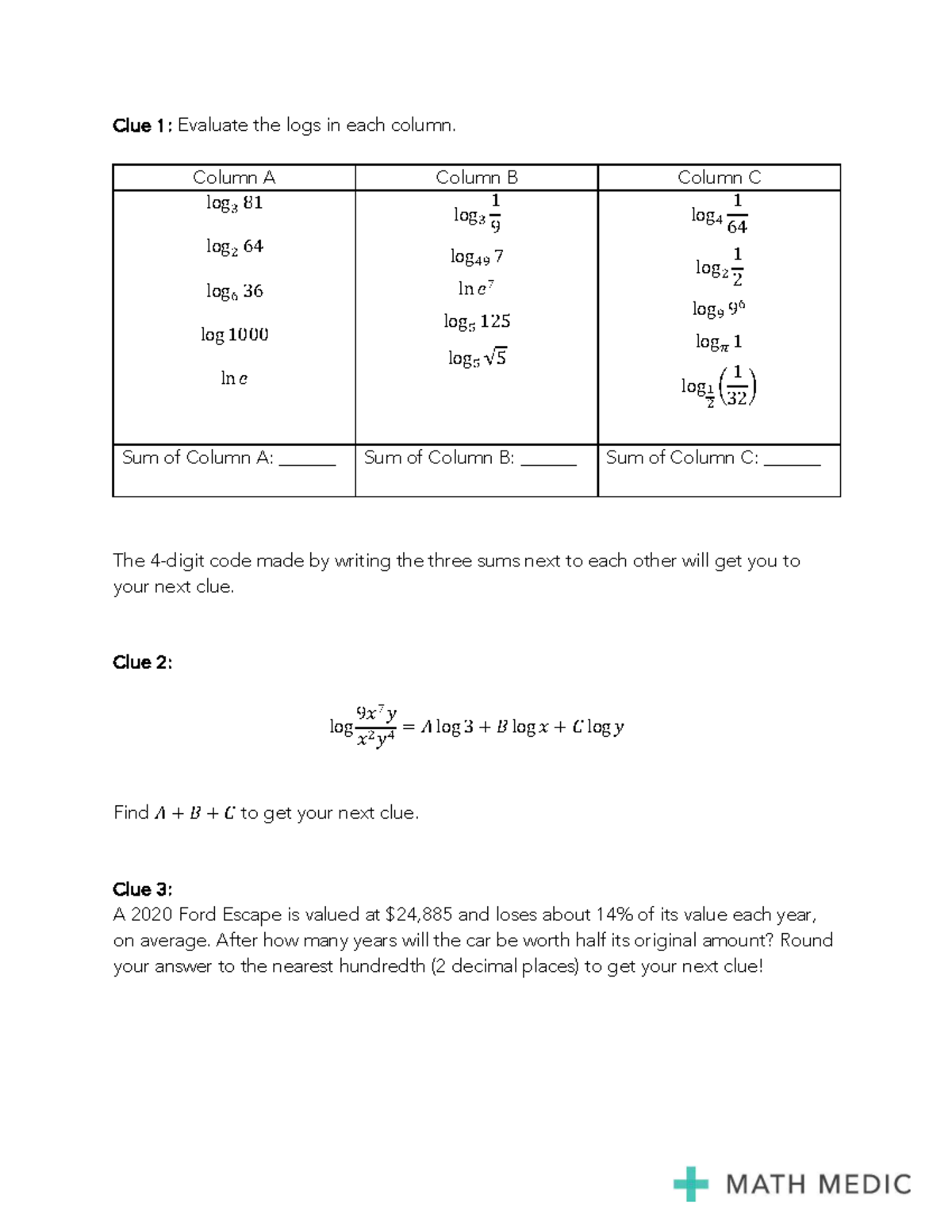 Escape Room Logarithm Activity: Math Medic (MATH 101) - Studocu