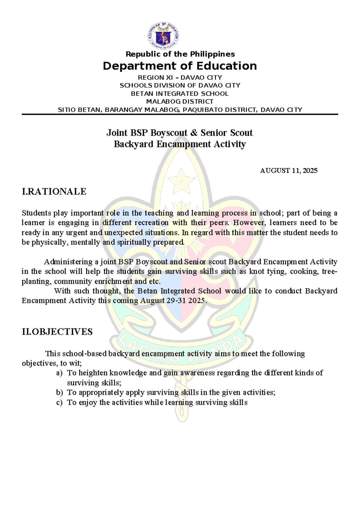 Joint BSP Boyscout & Senior Scout Backyard Encampment Activity - Studocu