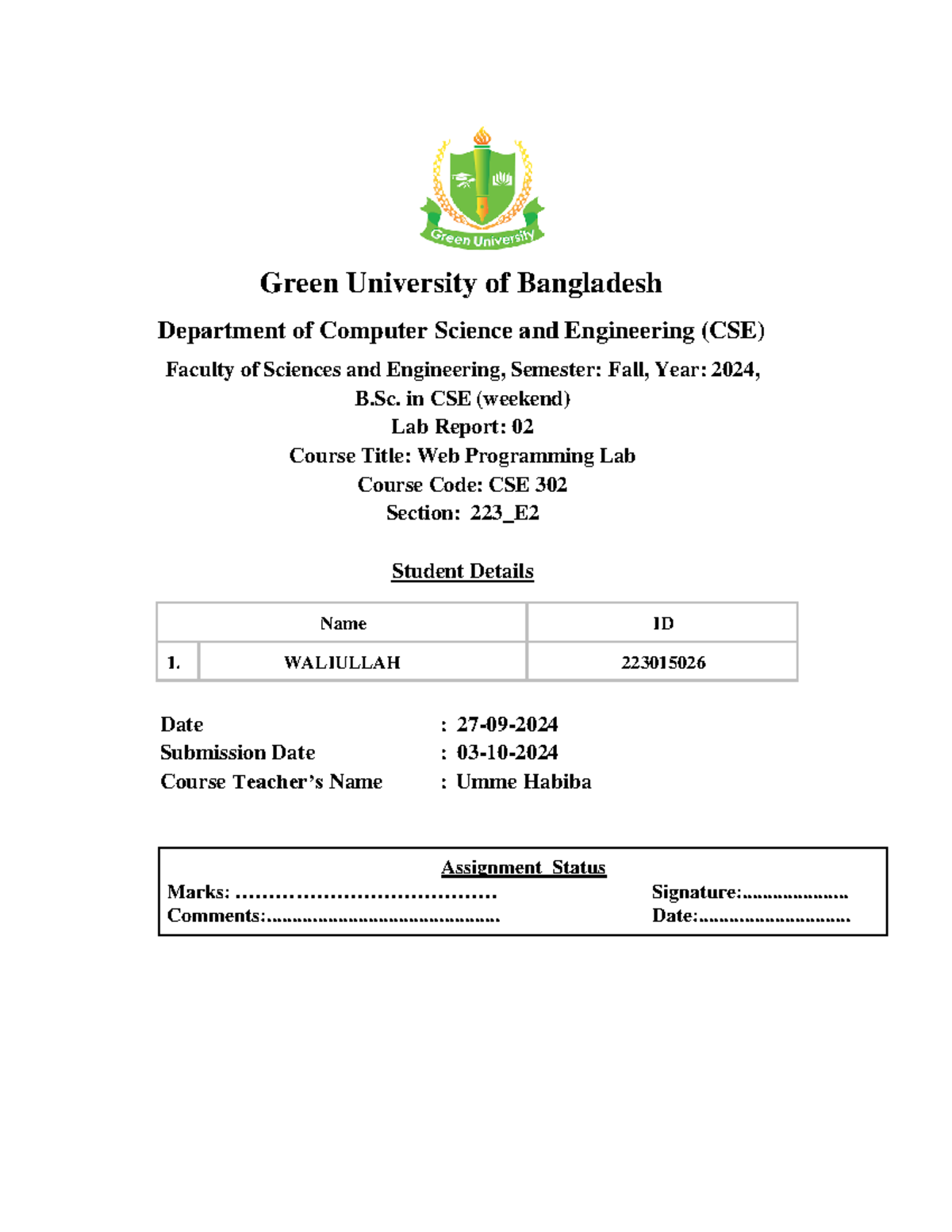 Web Programming Lab Report 02 - Green University of Bangladesh ...