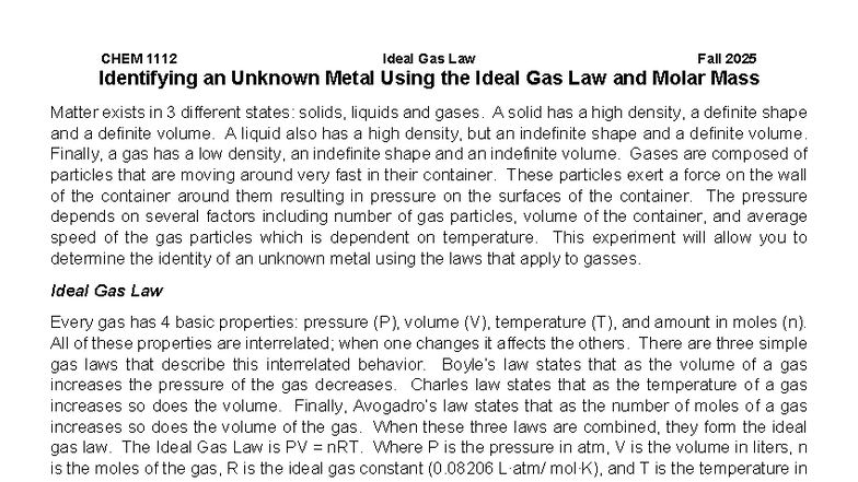 CHEM Ideal Gas Law Fall 2025: Identifying Unknown Metal via Molar Mass ...
