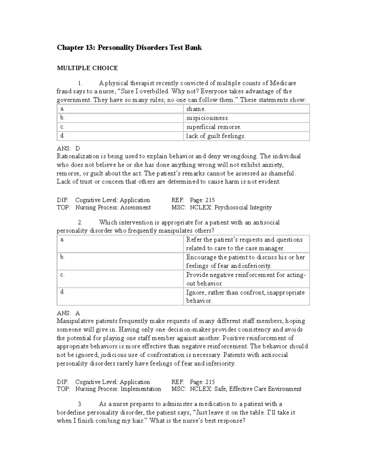 Chapter 13 Personality Disorders - Chapter 13: Personality Disorders ...