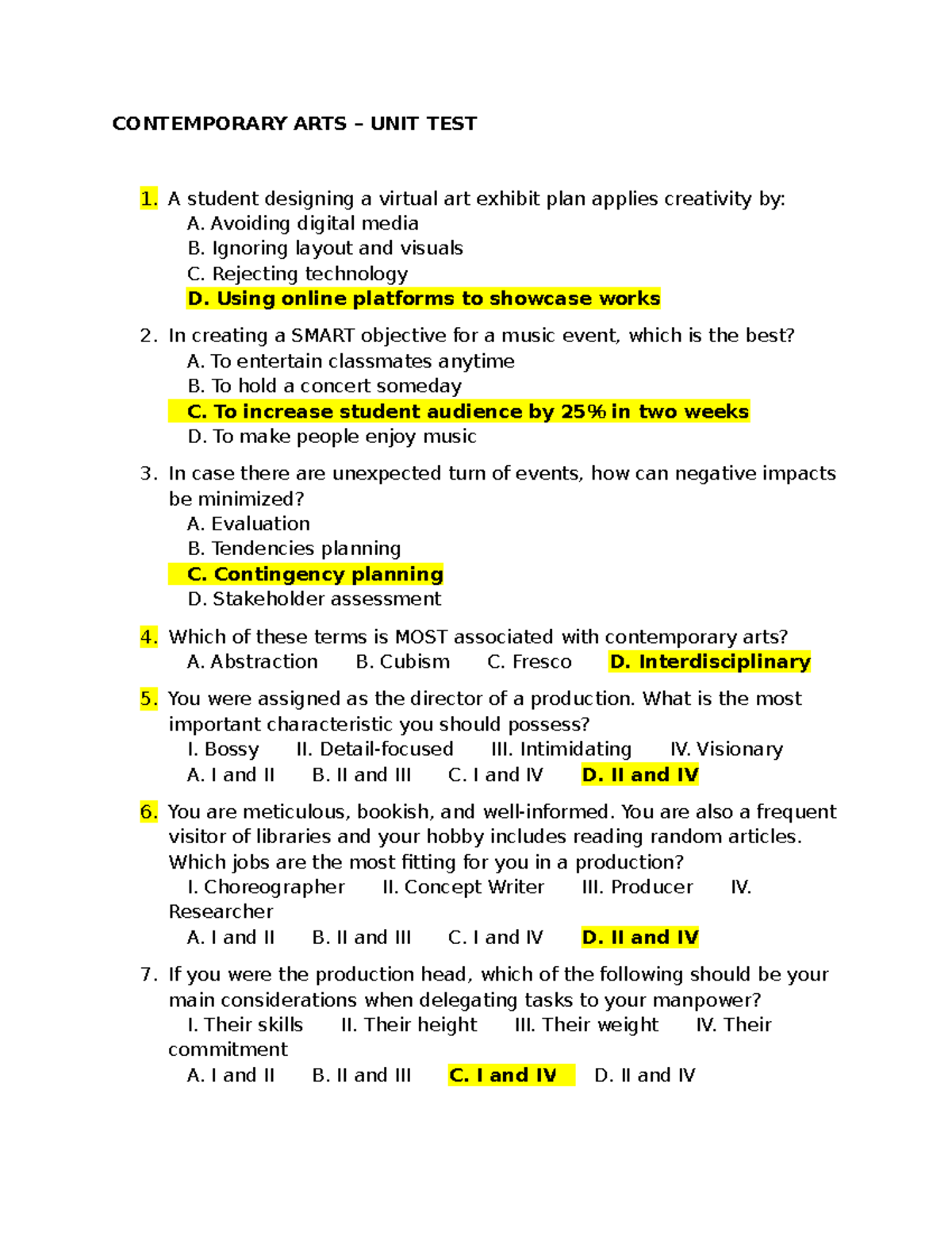 Contemporary Arts Unit Test 1 - Art Guide for Lecture - Studocu