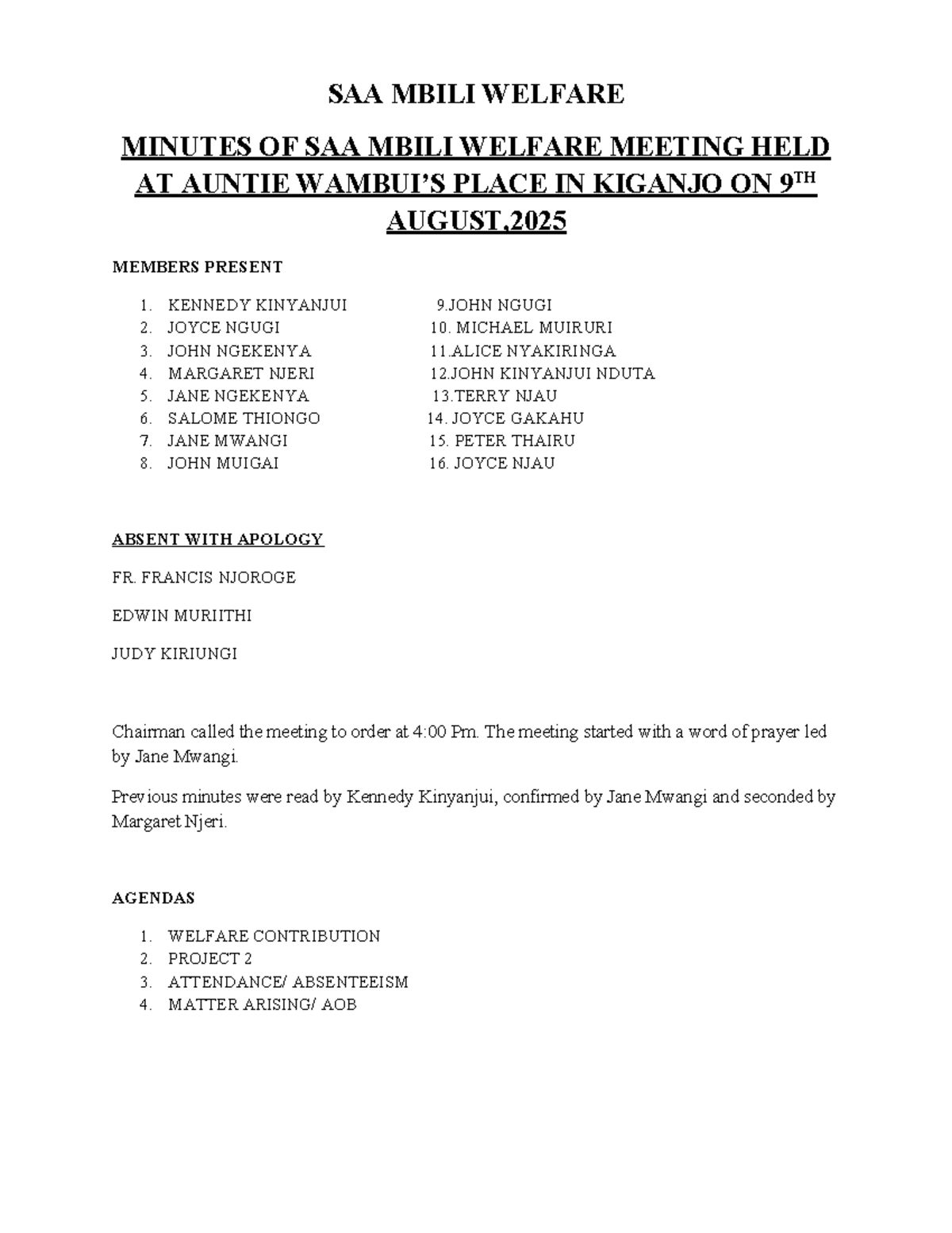 SAA MBILI WELFARE MEETING MINUTES - 9TH AUGUST 2025 - Studocu