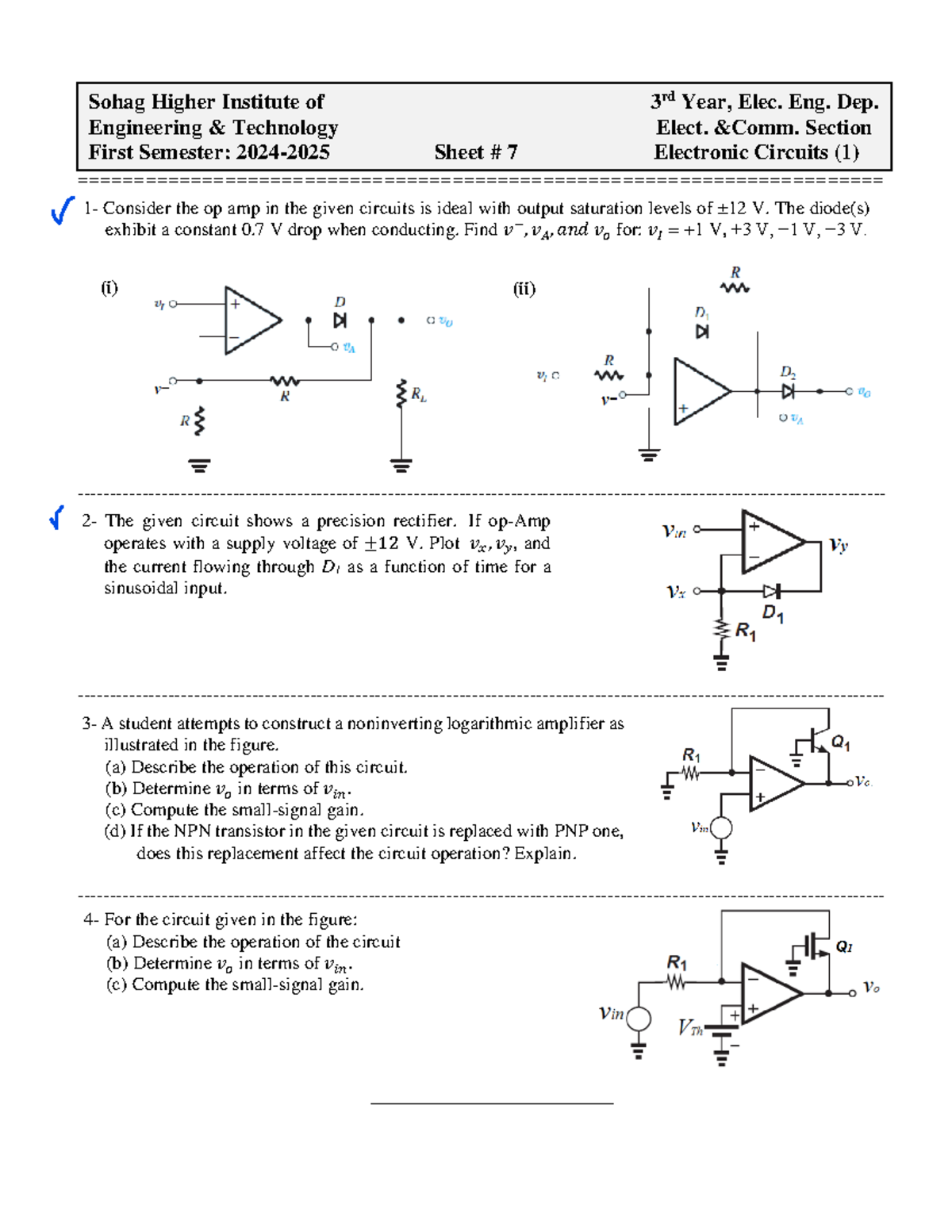 Sheet 7 EE 322 - electronic circuits - - Studocu
