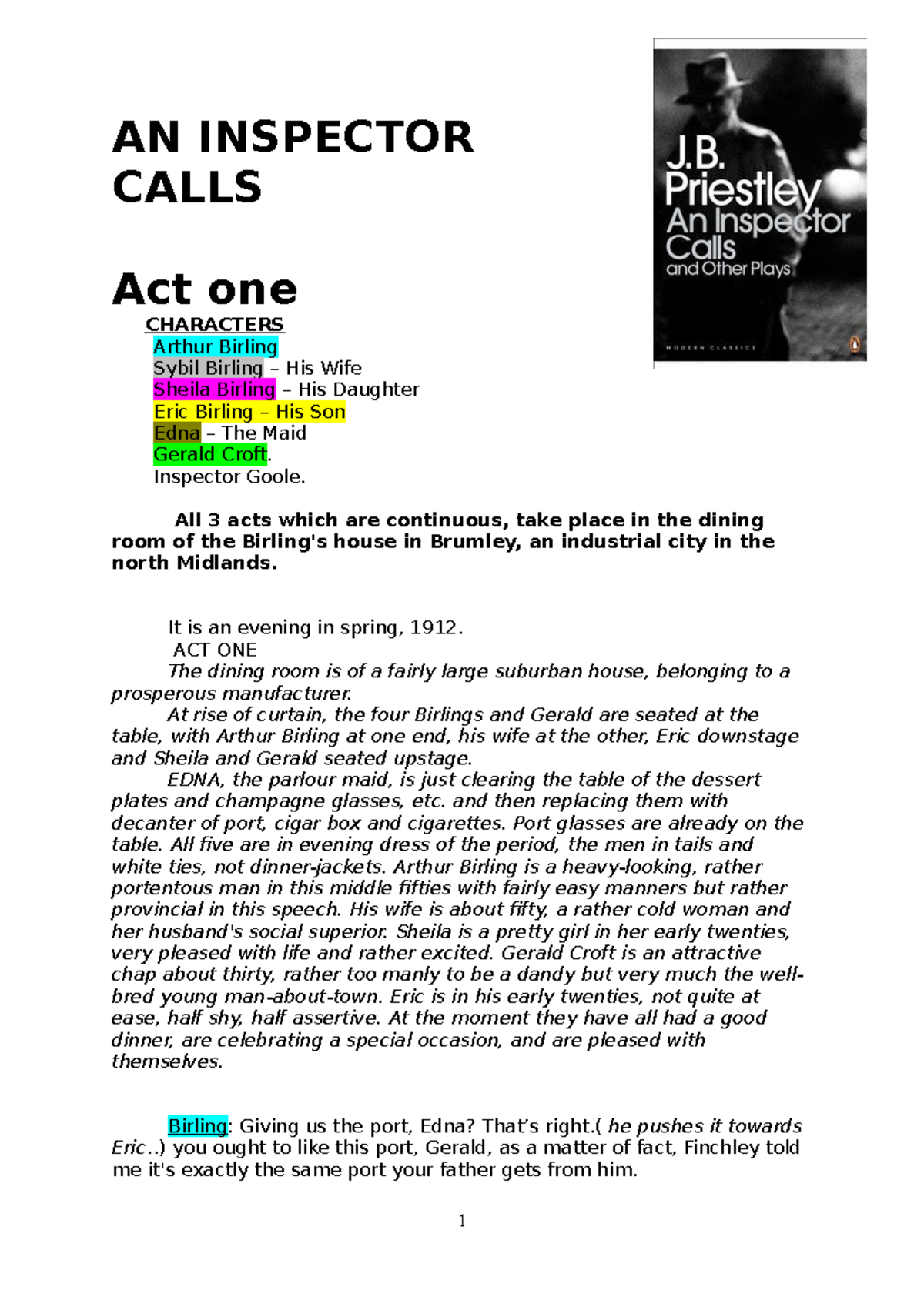 An-Inspector-Calls-Full-Text - AN INSPECTOR CALLS Act one CHARACTERS ...