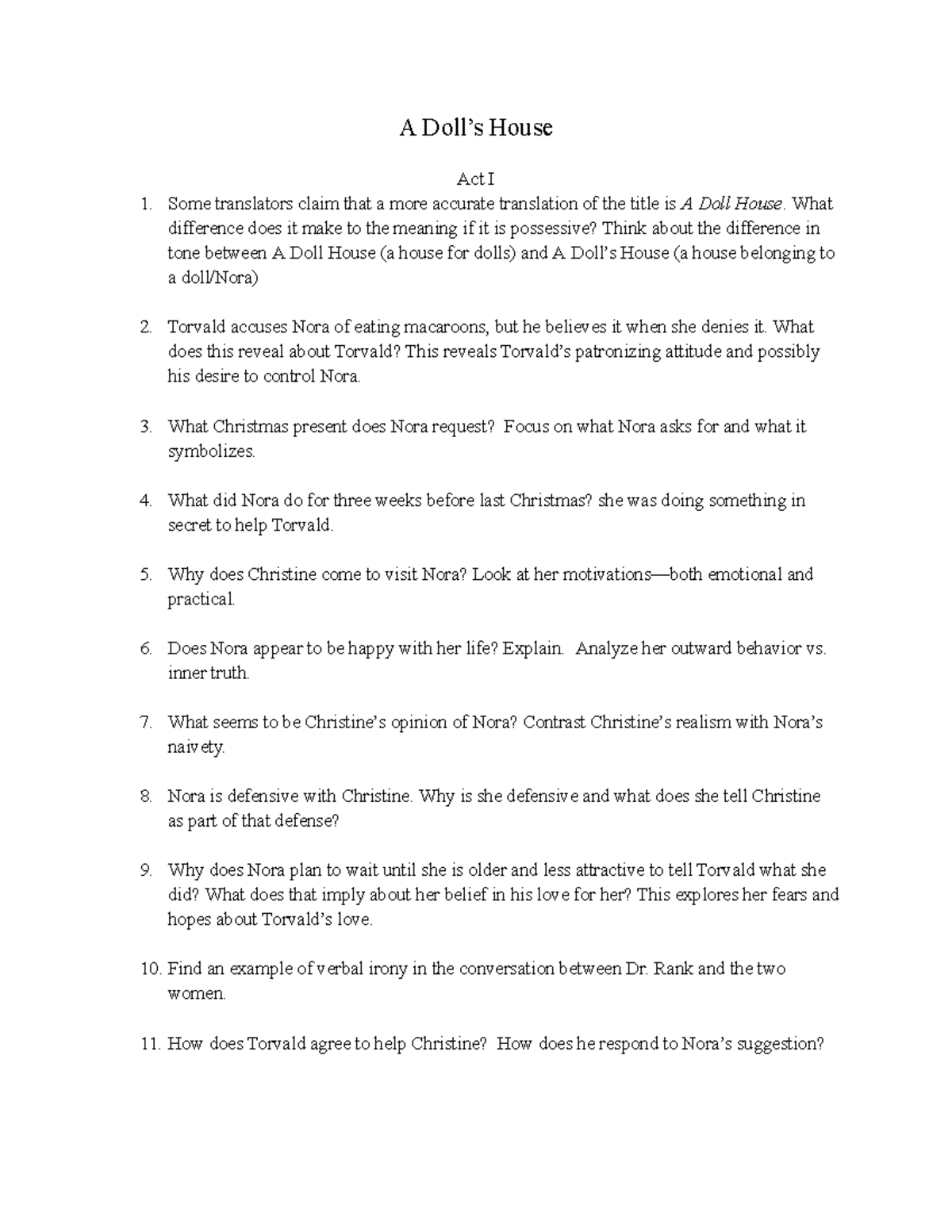 A Doll's House (ENG 101) Comprehensive Reading Guide & Questions - Studocu