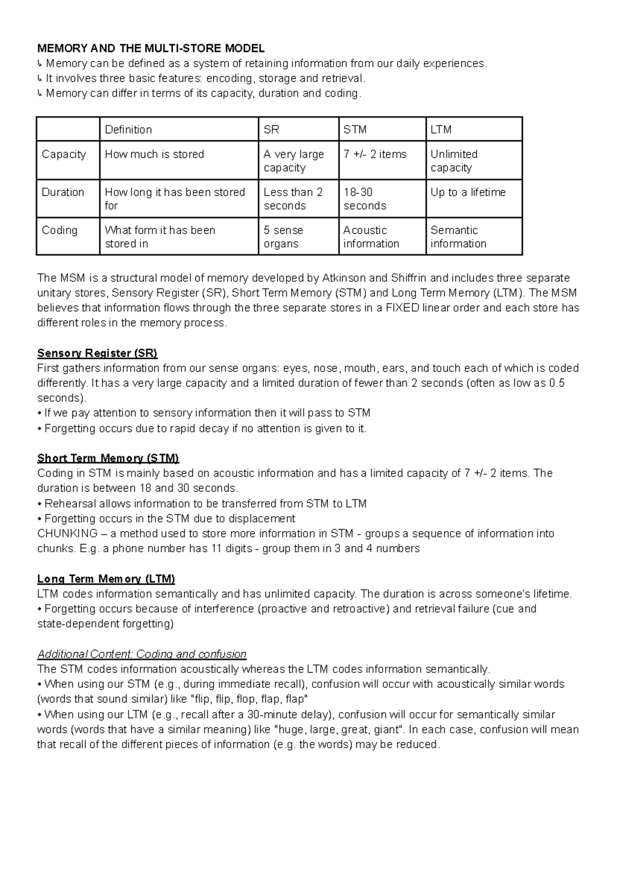Memory and the Multi-Store Model: Key Features and Structure - Studocu