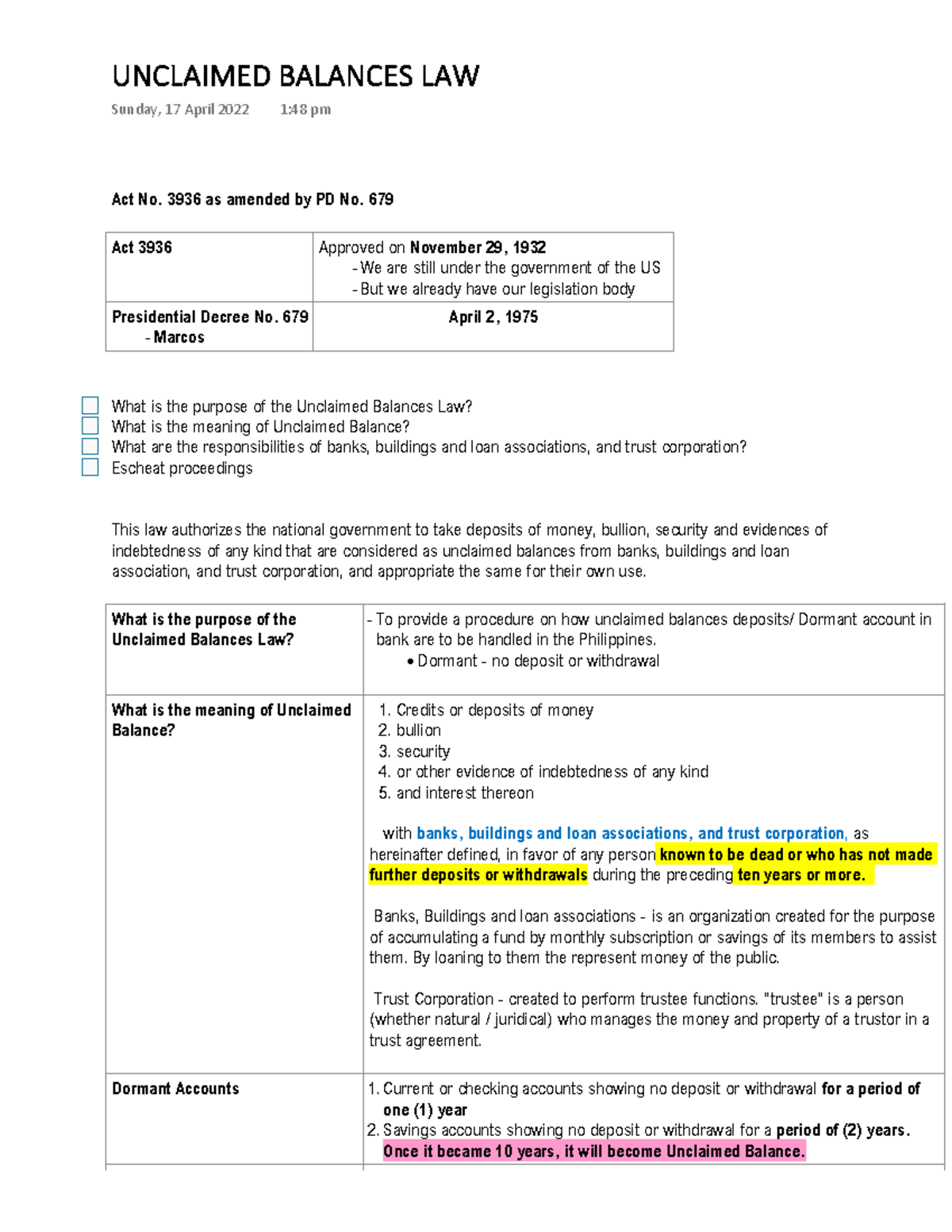 Unclaimed Balances Law Explained: Overview and Responsibilities - Studocu