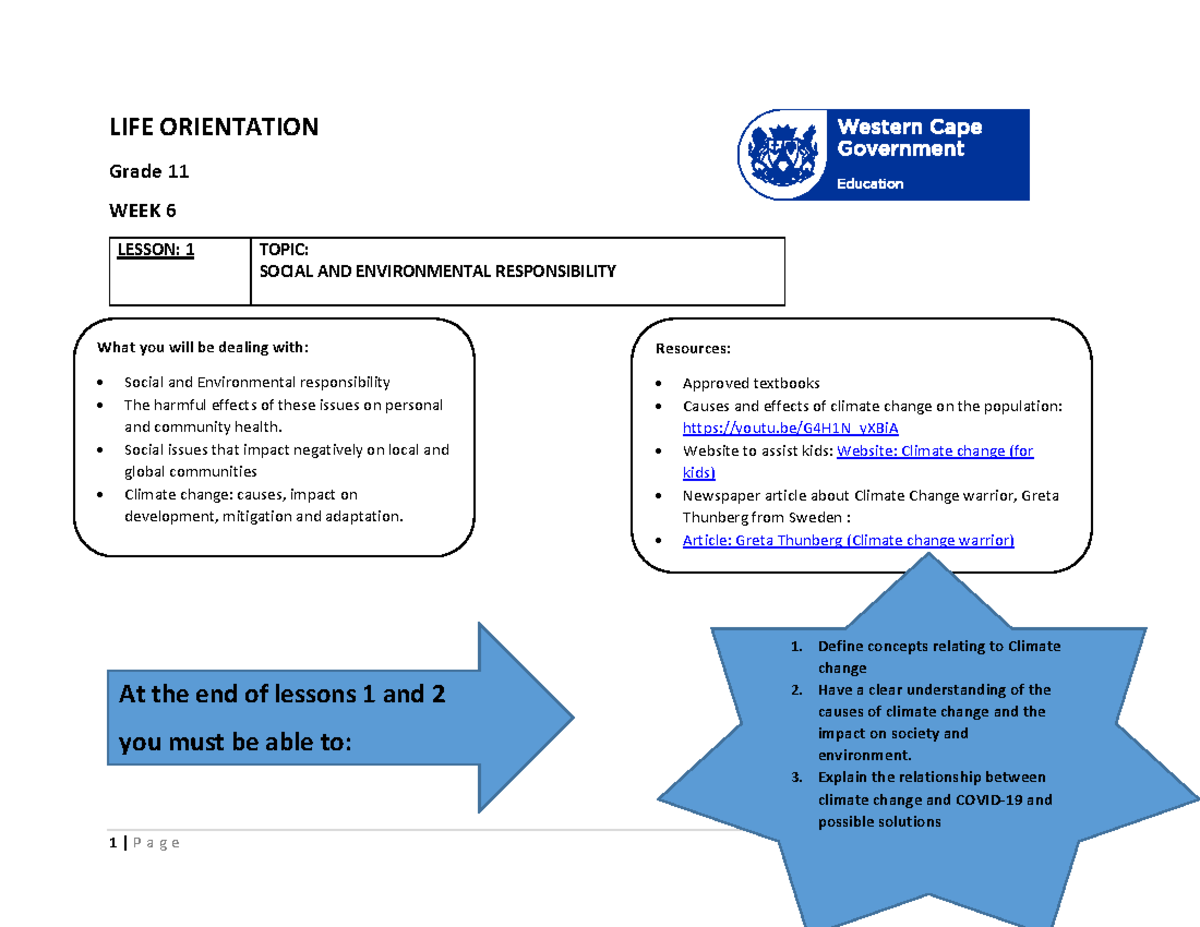 LO Grade 11 Week 6 Lesson: Social & Environmental Responsibility - Studocu