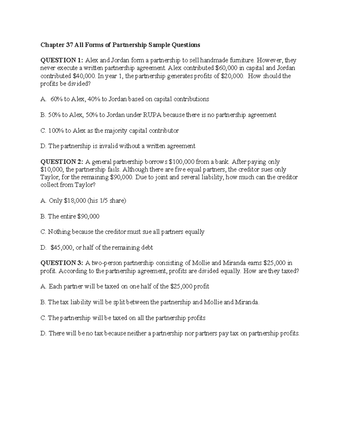 Chapter 37: Sample Questions on All Forms of Partnership - Studocu
