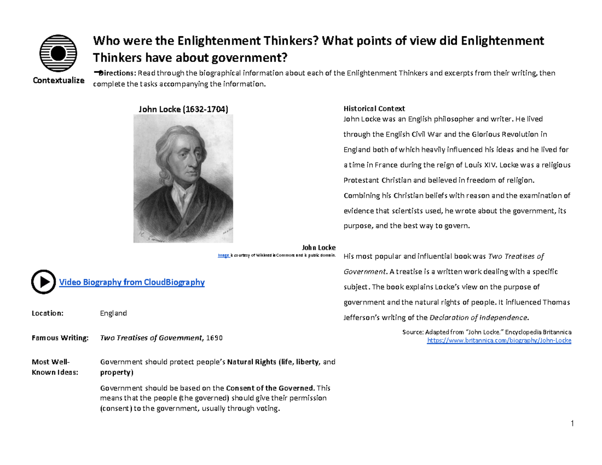 Enlightenment Thinkers: Key Ideas & Works (HIST 101) - Studocu