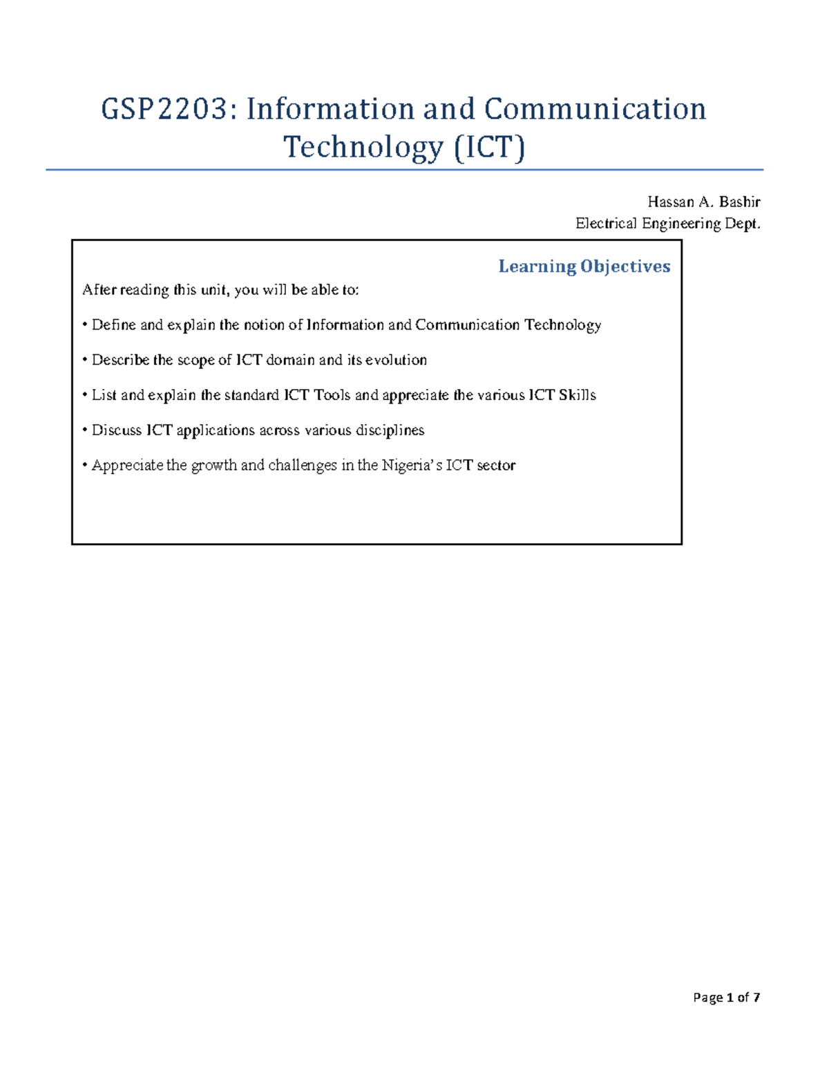 GSP2203: ICT Overview and Learning Objectives in Electrical Engineering ...