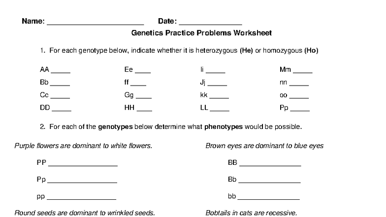 Genetics Practice Problems Worksheet 1: Genotype & Phenotype Analysis ...
