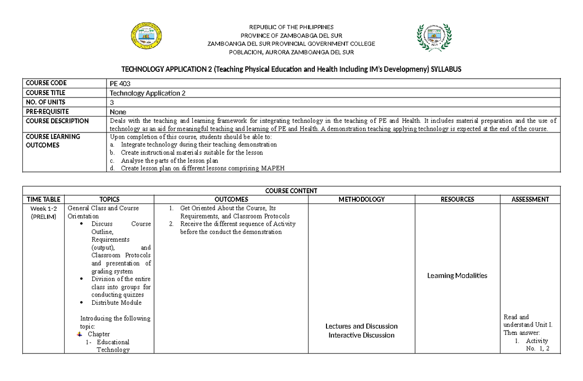 Technology Application 2 (PE 403) Syllabus: Integrating Tech in PE ...