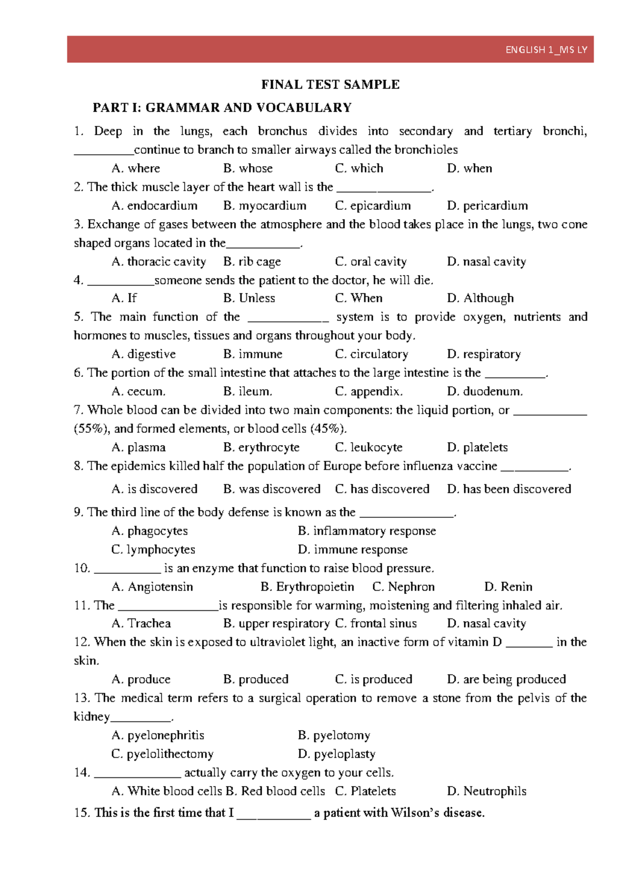 ENGLISH 1_MS LY FINAL TEST SAMPLE: GRAMMAR, VOCAB, & READING - Studocu