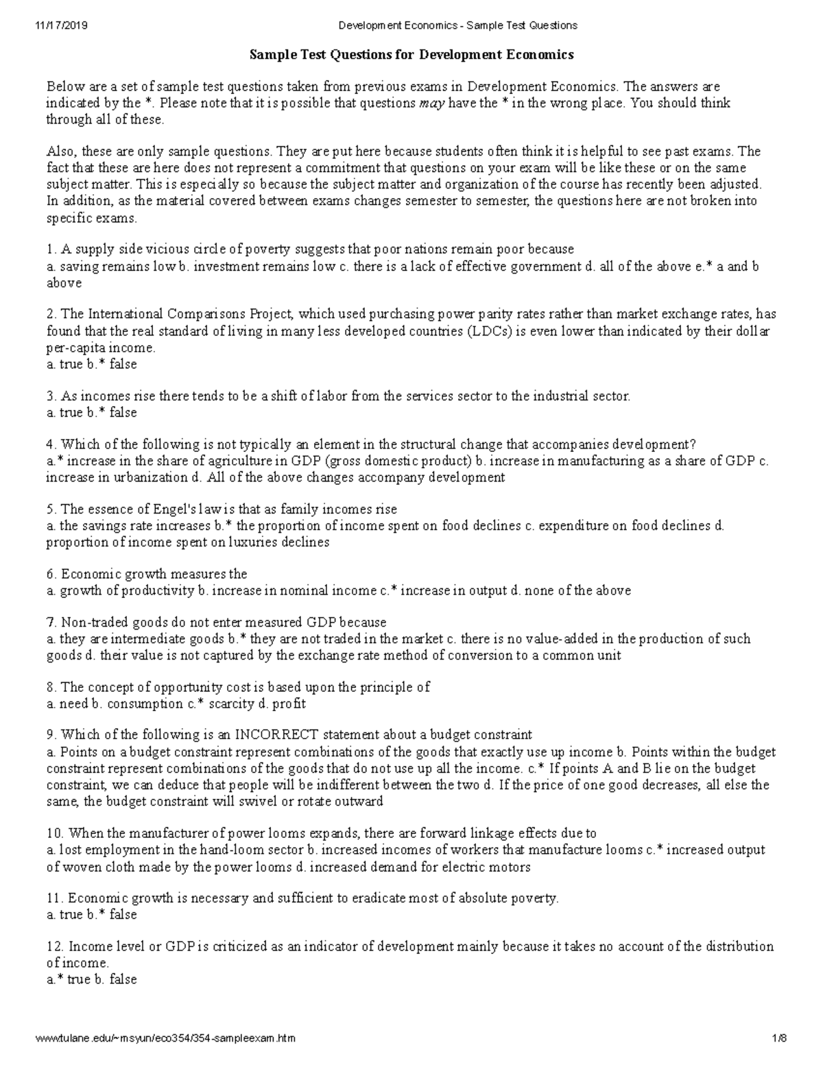 Development Economics - Sample Test Questions - Sample Test Questions ...