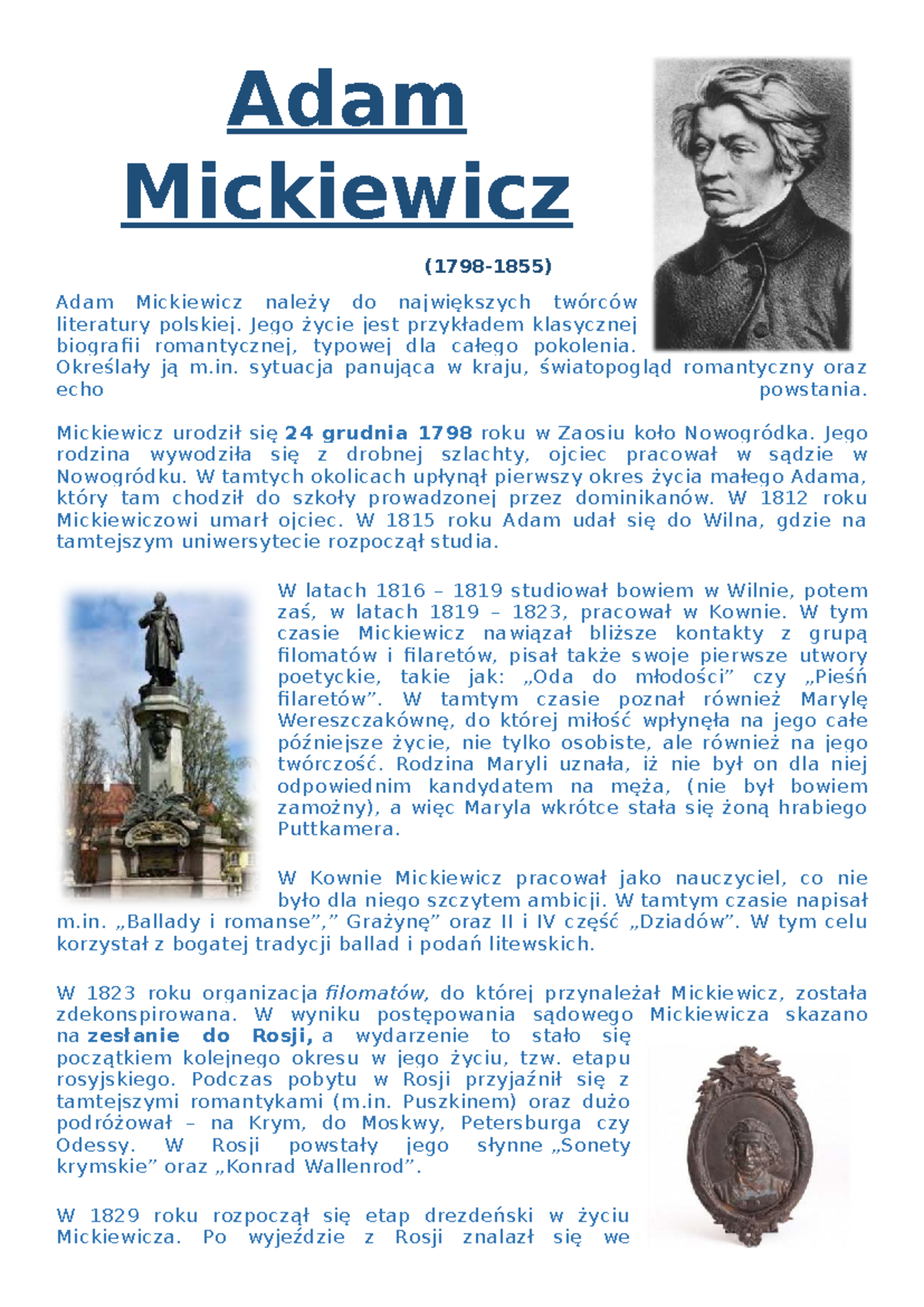 Adam Mickiewicz - Notatki o Życiu i Twórczości (kl. VI) - Studocu