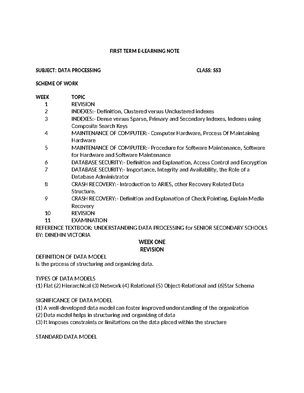 First Term SS3 Data Processing Scheme of Work and Revision Notes - Studocu