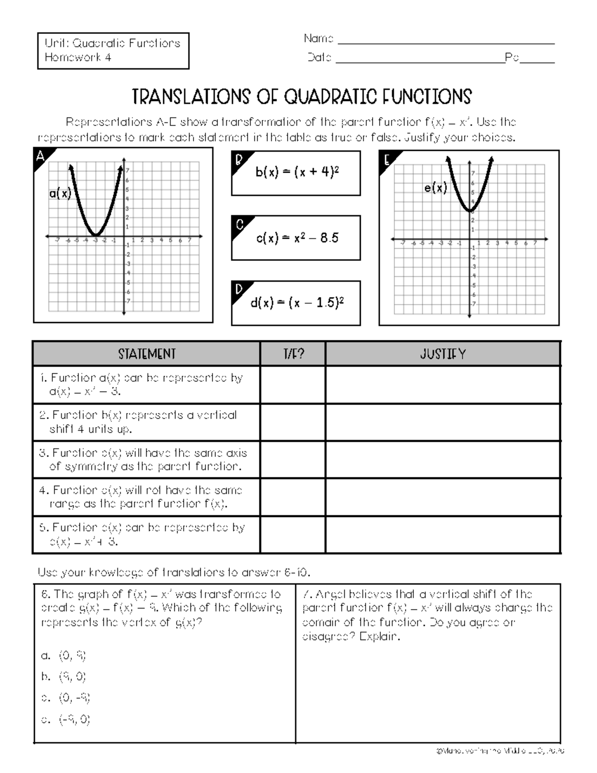 Translations of Quads HW - Unit: Quadratic Functions Homework 4 ...