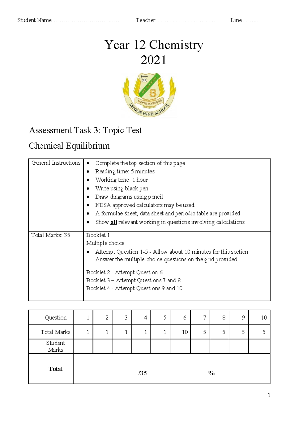 Year 12 Chemistry 2021 Task 3 - Topic Test on Chemical Equilibrium[1701 ...