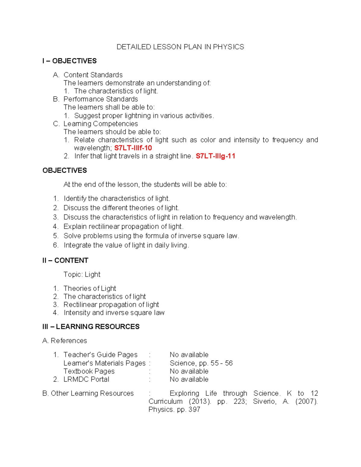 DLP (Light) - Revised Lesson Plan on Light Characteristics and Theories ...
