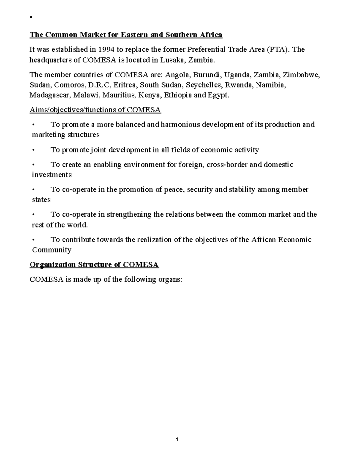 COMESA Overview: Structure, Achievements & Challenges (1994) - Studocu