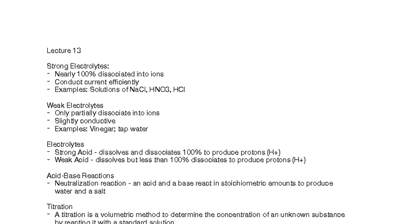 Chem 101 Lecture 13: Strong & Weak Electrolytes Overview - Studocu