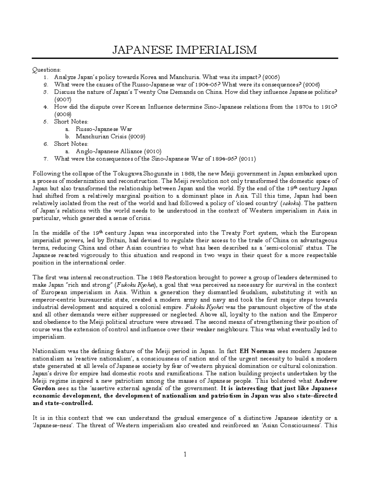 Japanese Imperialism: Final Exam Notes on Key Themes and Events - Studocu