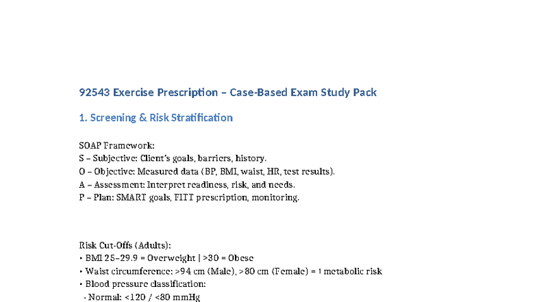 92543 Exercise Prescription Exam Study Pack: Risk Stratification ...