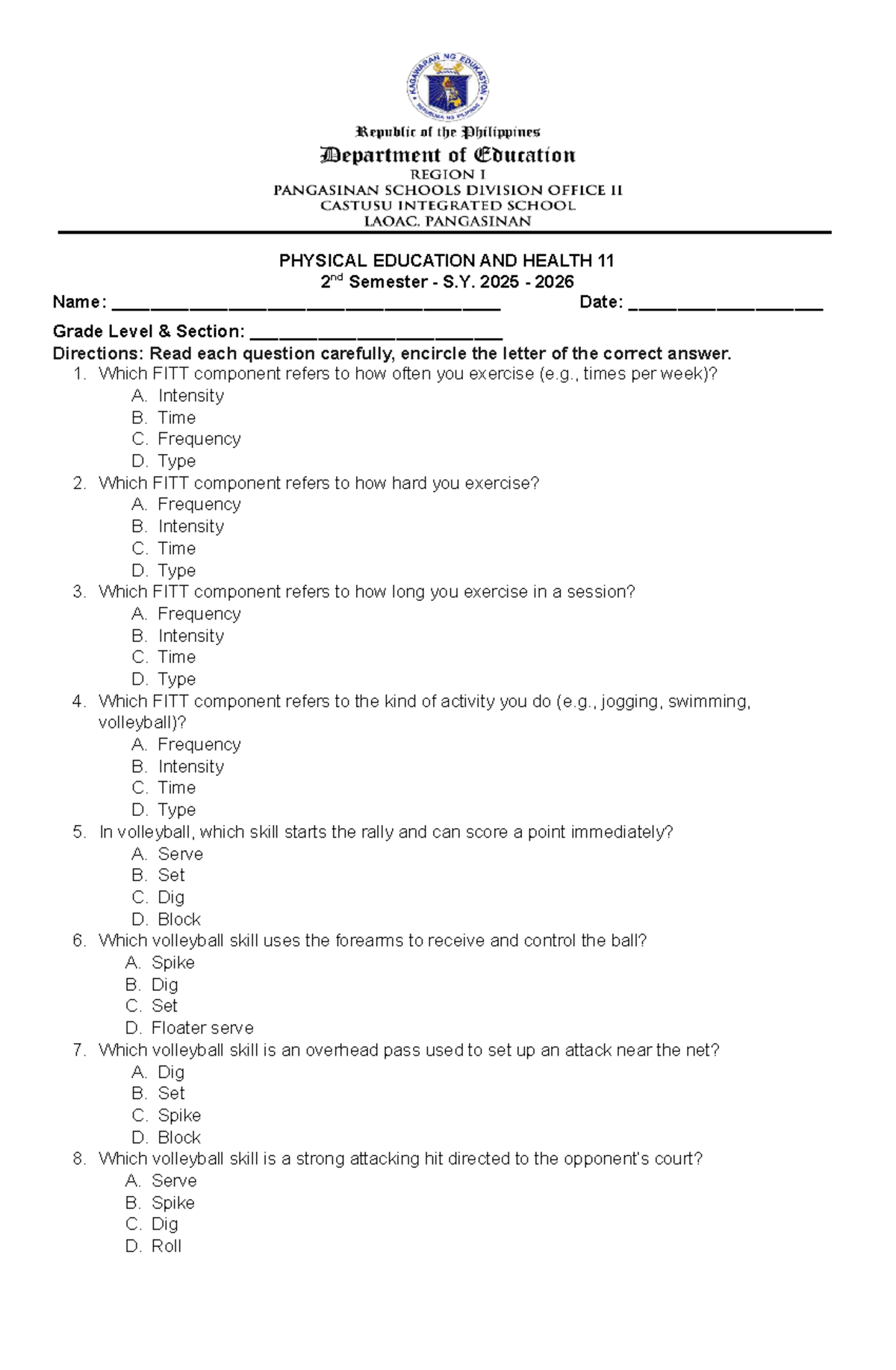 PE 11 2nd Semester Exam Review: Health & Fitness Concepts - Studocu