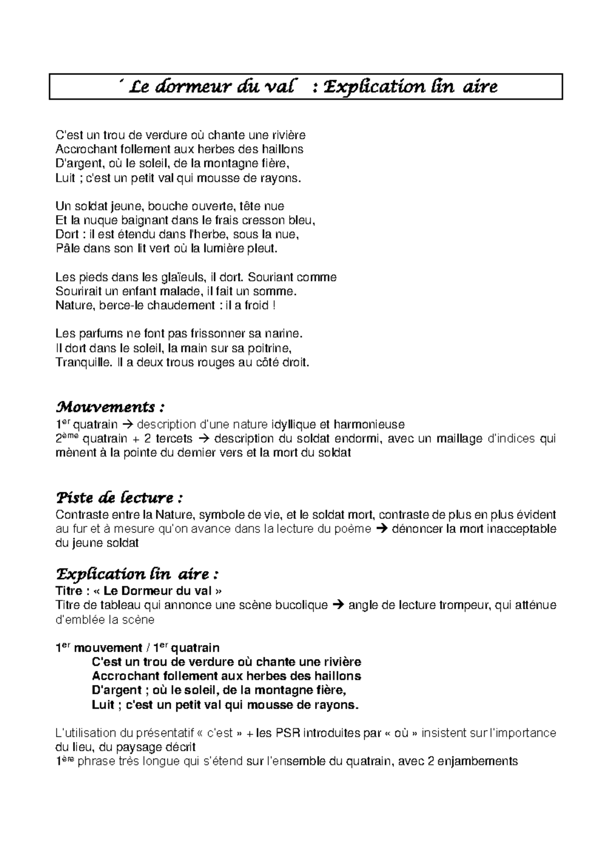 Le Dormeur du val - AL - Analyse et Explication Linéaire - Studocu