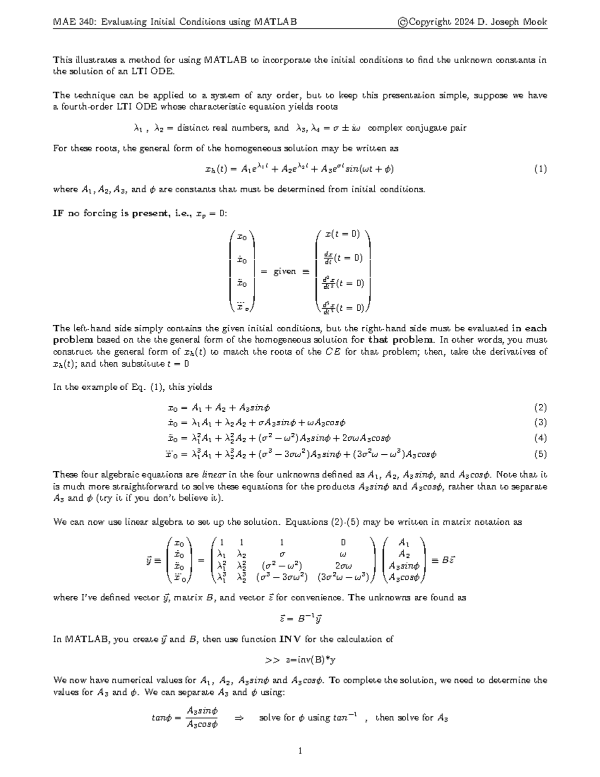 MAE 340 Final Exam: Evaluating Initial Conditions with MATLAB Techniques - Studocu