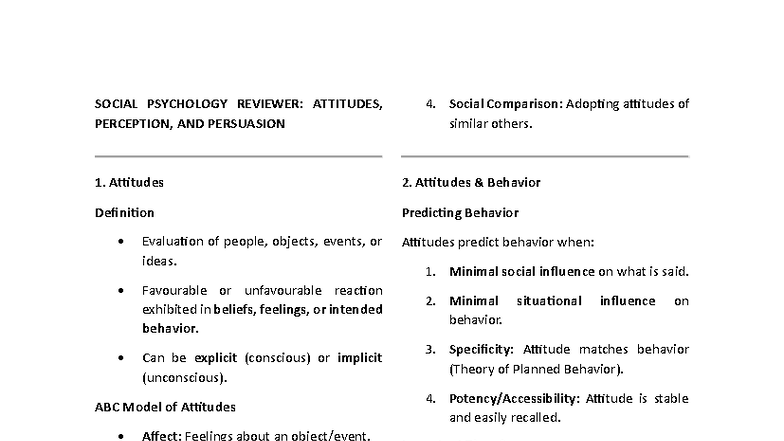 SOCIAL PSYCHOLOGY REVIEWER: ATTITUDES & PERSUASION (MIDTERM) - Studocu