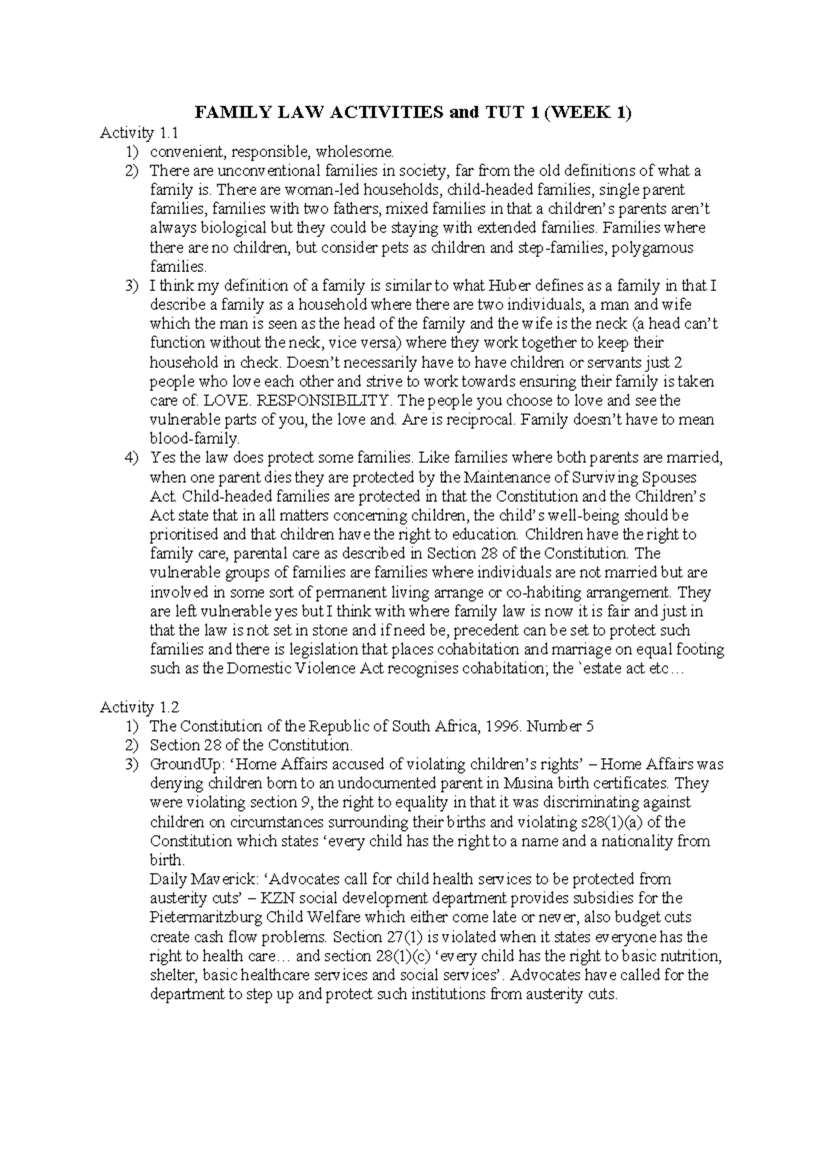 FAMILY LAW TUT 1 (WEEK 1) - Activities on Family Definitions and Rights ...