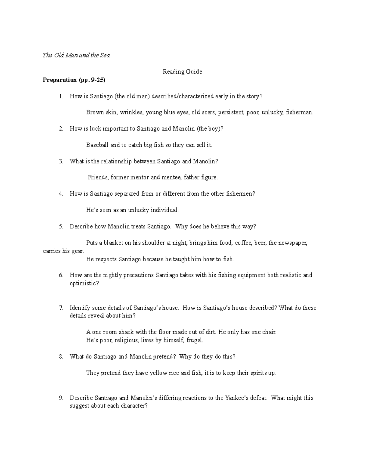 The Old Man and the Sea reading guide - The Old Man and the Sea Reading ...