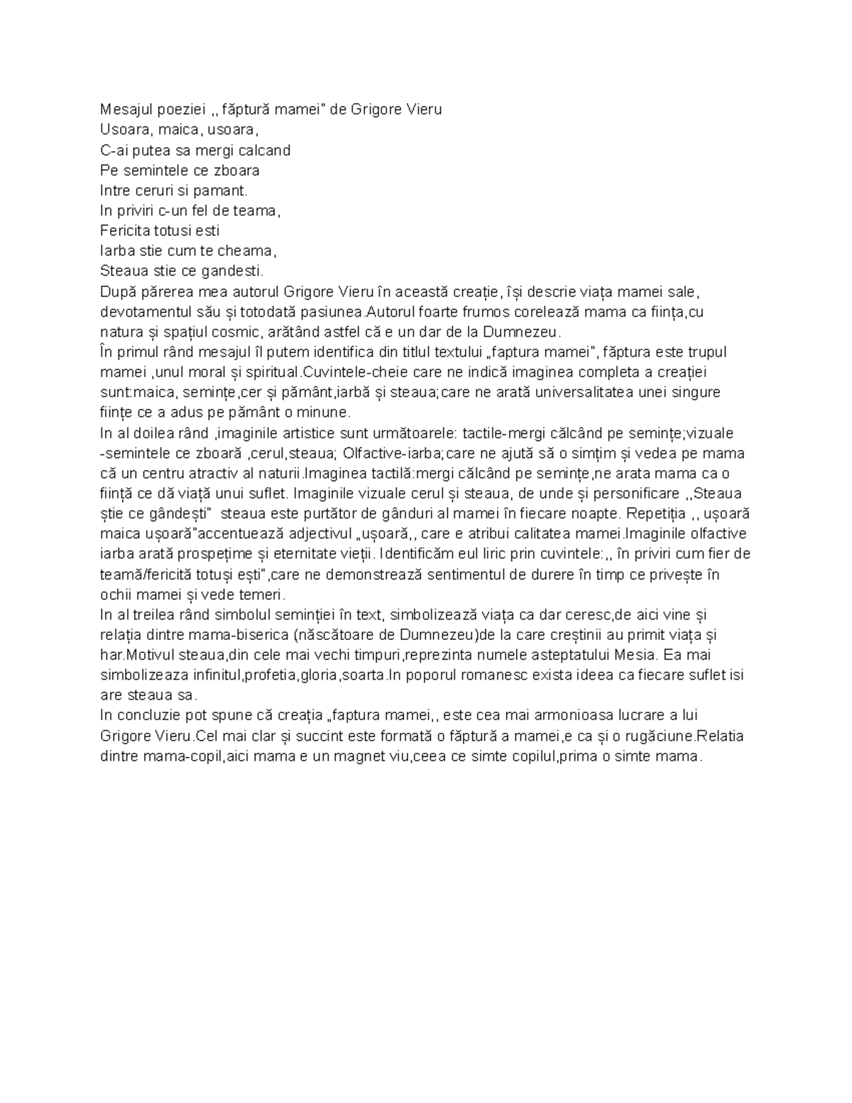 Mesajul poeziei ,, făptură mamei” de Grigore Vieru - In priviri c-un fel de teama, Fericita ...